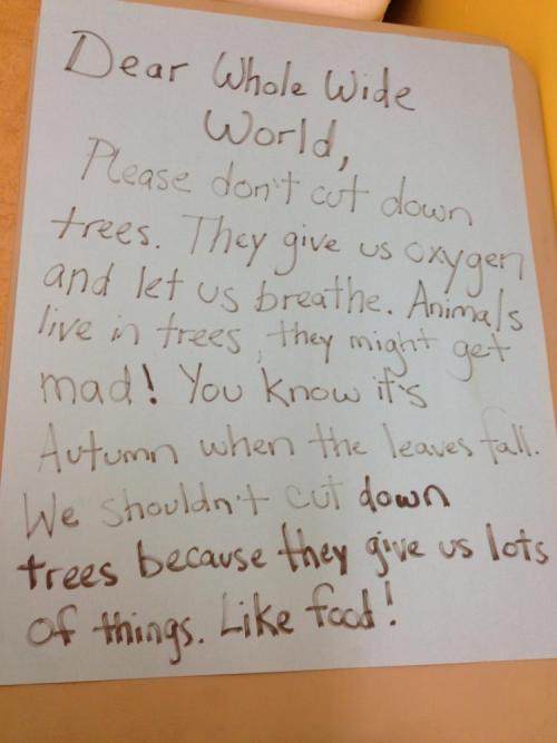 Preschoolers write adorable letter to save the trees | Grist