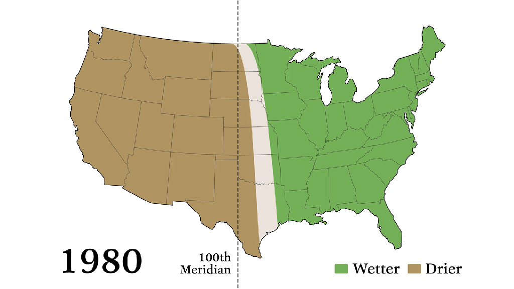 This GIF shows how far the 100th Meridian has shifted since 1980